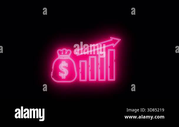 Neon pink money bag chart bars upward arrow on black background Stock ...