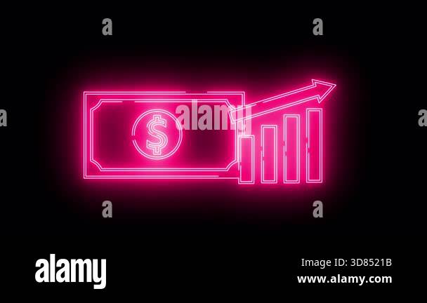 Pink neon outlines a dollar bill rising bar graph upward arrow against ...