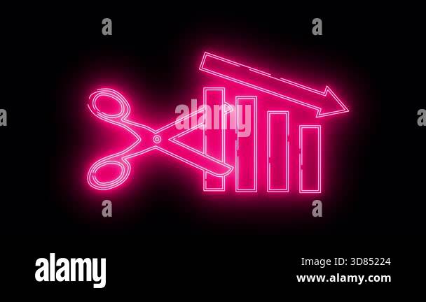 A neon pink outline depicts scissors cutting a bar graph symbolizing ...
