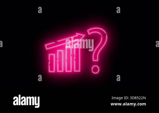 Pink neon graph rising with an arrow and a question mark on a black ...