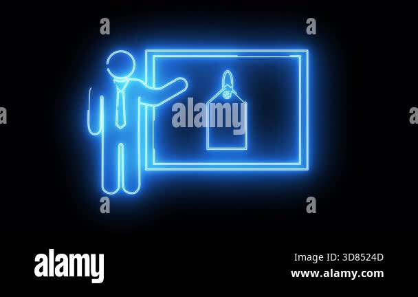 Illuminated neon outline of a presenter standing next to a price tag ...