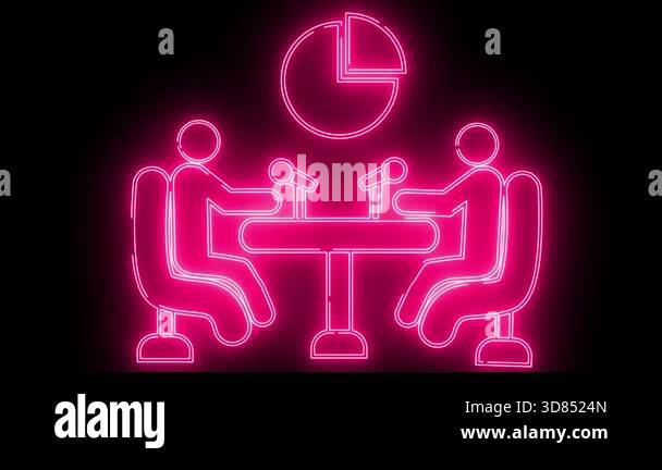 A pink neon outline depicting two seated figures at a table with ...
