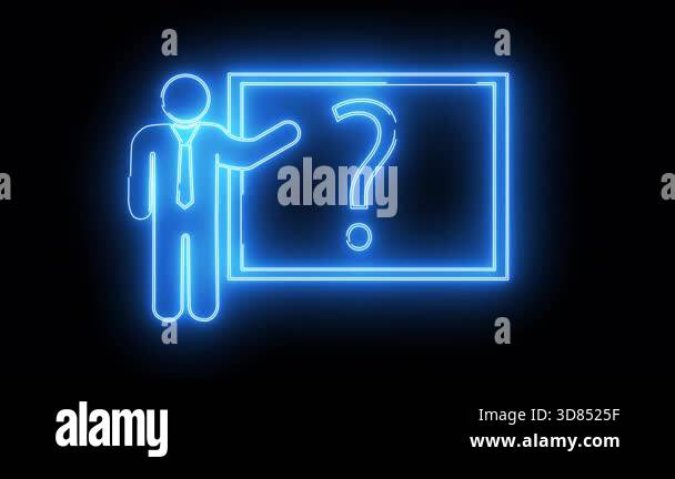 Blue neon outline man presentation board question mark Dark background ...