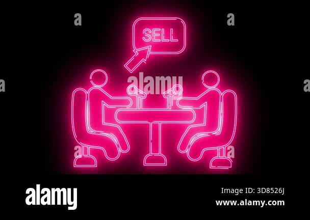 Neon pink graphic two figures at a table with mics labeled SELL Stock ...