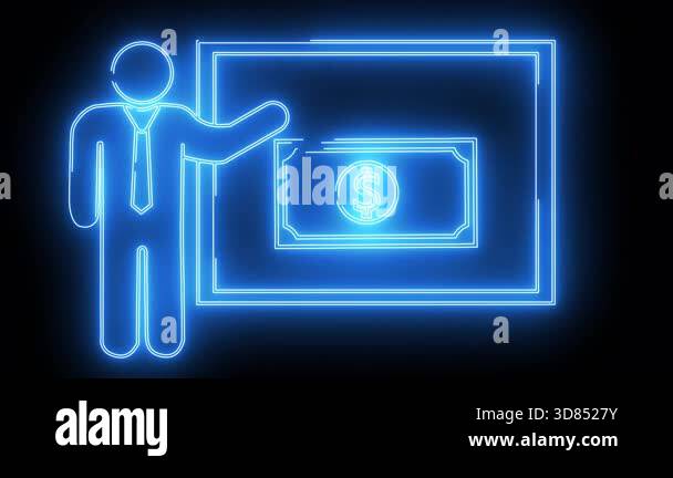 Neon blue figure presents a dollar bill on a screen against a black ...