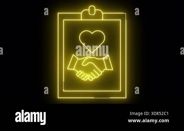 Yellow neon outline clipboard handshake heart Black background Stock ...