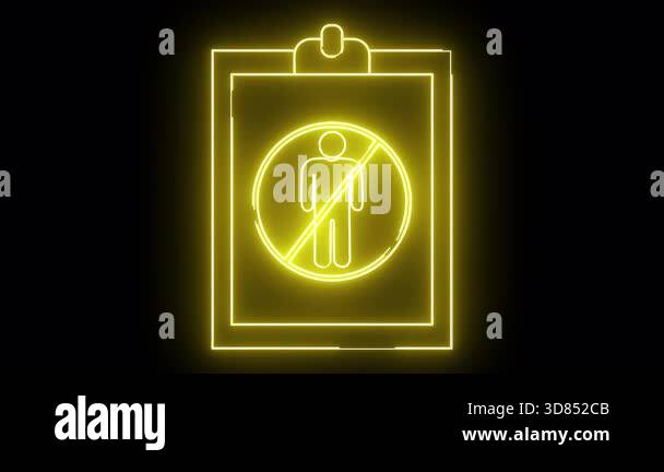 A yellow neon sign shows a clipboard with a barredout figure in a ...