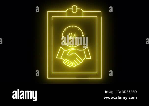 Neon yellow icon clipboard with 247 handshake symbol on black Stock ...