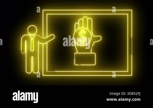 Glowing yellow outline stick figure pointing to framed hand holding a ...