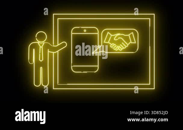 Yellow neon outline presenter screen phone handshake in speech bubble ...