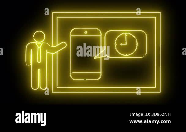 Neon yellow graphic stick figure phone clock icon in speech bubble on ...