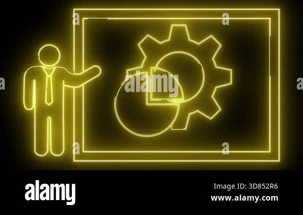 Yellow neon stick figure presenting data and a gear on a screen against ...