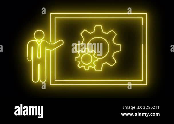 A neon yellow stick figure presenter pointing at a screen with two ...