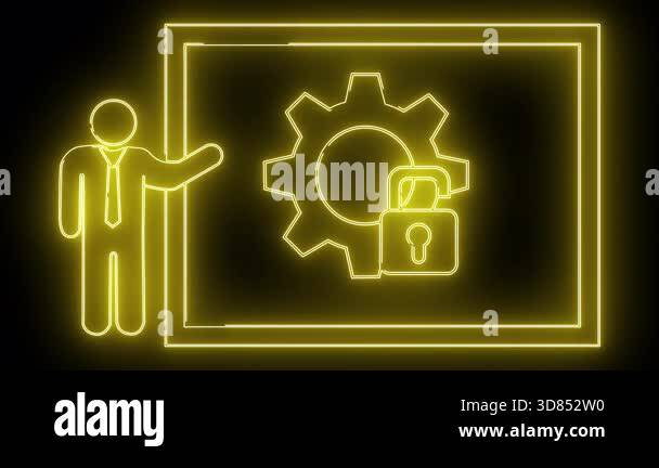 Yellow neon outline stick figure pointing to screen with gear and lock ...