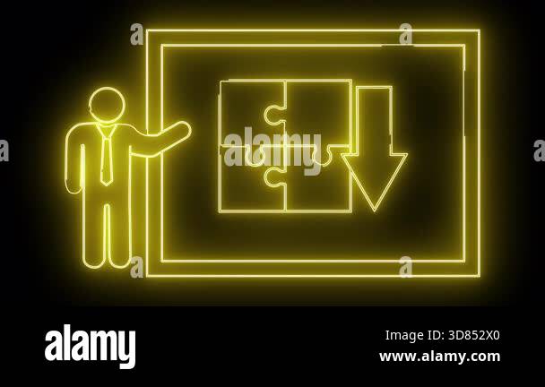 A neonyellow pictogram shows a man presenting four jigsaw pieces within ...
