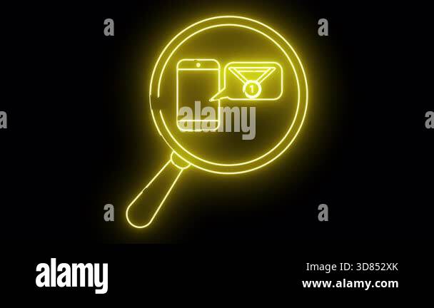 Yellow neon magnifying glass icon with phone and message bubble on a ...