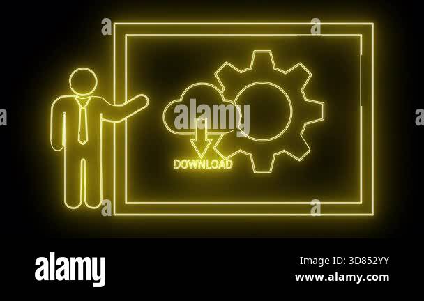 Glowing neonyellow design person pointing to a cloud download arrow and ...
