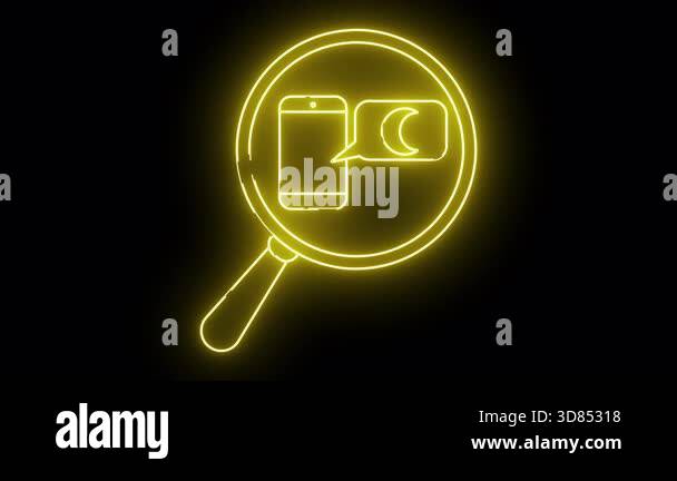 Neon magnifying glass highlighting a smartphone with a moon chat bubble ...
