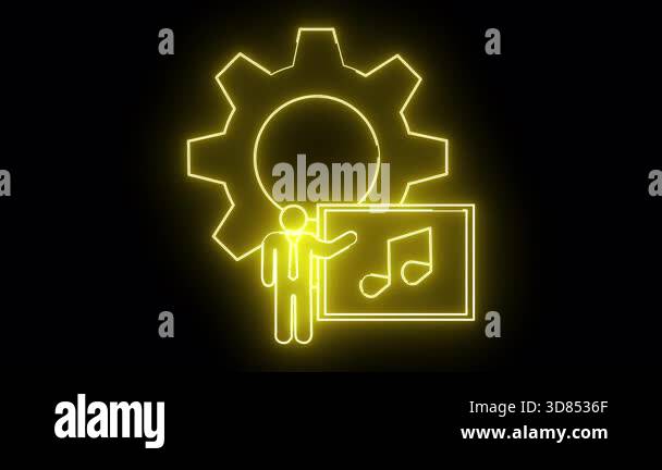 Yellow neon outlines a gear stick figure presenting music notes on a ...