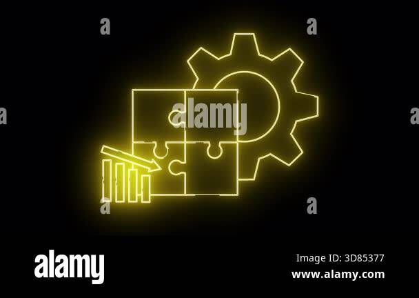 Glowing neon yellow puzzle pieces cog chart on black background Stock ...