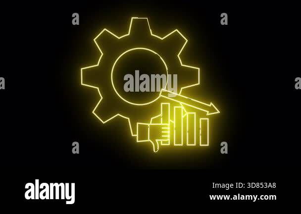 Glowing yellow neon drawing of a cogwheel above a thumbs down and ...