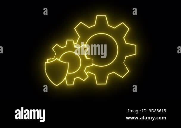 Glowing yellow outline of two gears interlocked with a shield on a ...
