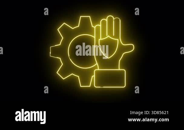 Neon gear and shielded hand icon yellow outline on black background ...