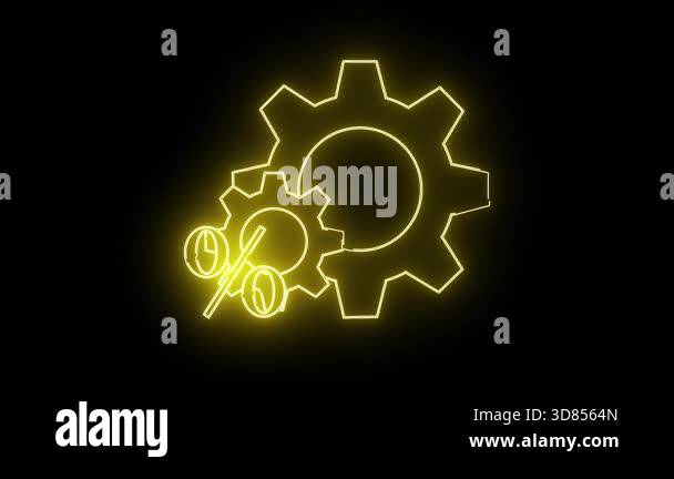 Neonyellow outlined gears interlock with a clock and percentage symbols ...