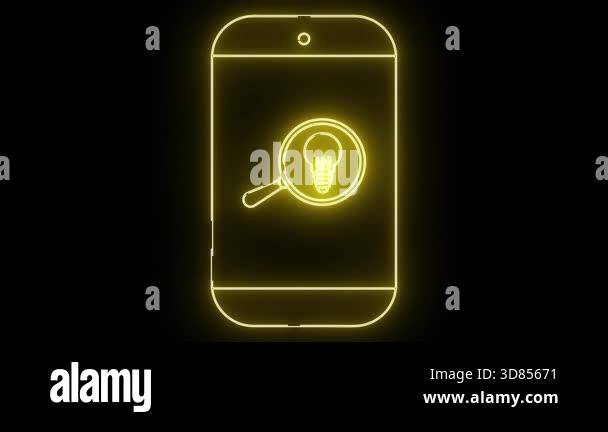 Illuminated neon smartphone with a magnifying glass over a light bulb ...