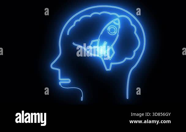 Blue neon outlines a human head profile A rocket sits inside the brain ...
