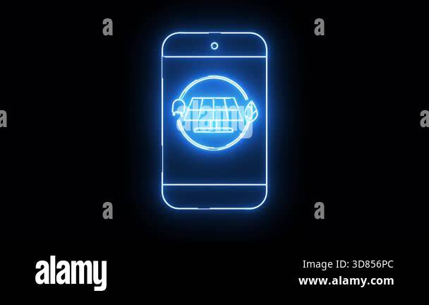 Glowing blue neon outlines a smartphone with solar panel plug and leaf ...