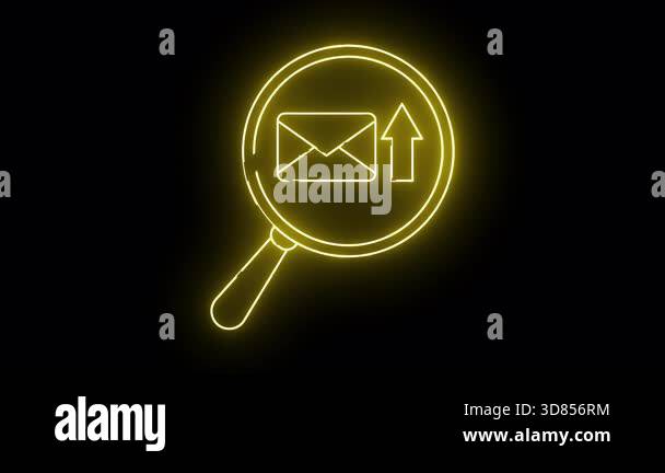 A neon yellow outline of a magnifying glass over an email icon and ...
