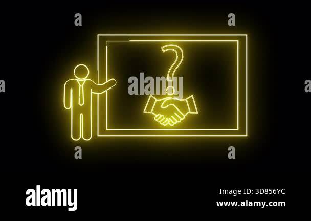 Neon art shows a figure presenting a board with a question mark over a ...
