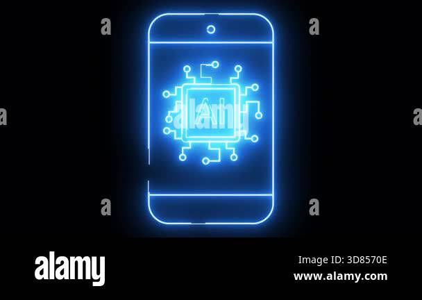 Neon blue smartphone outline displaying an AI chip on a black ...