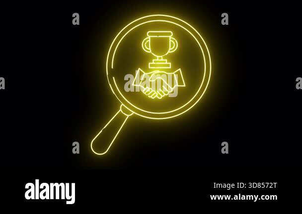 A yellow neon outline depicts a handshake below a trophy all within a ...