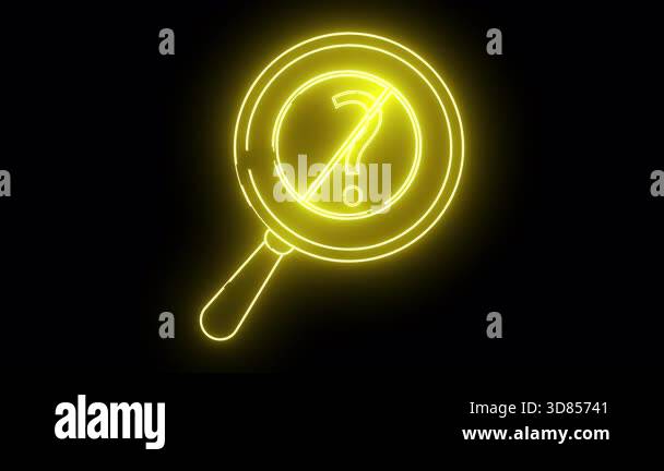 Glowing neon yellow magnifying glass with question mark on black ...
