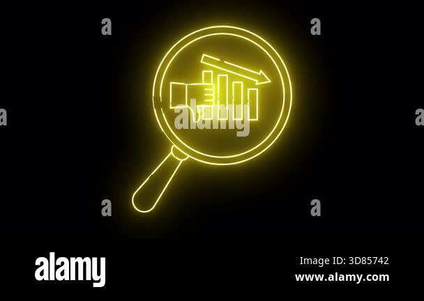 Glowing neon yellow magnifier with a hand pointing down and a falling ...