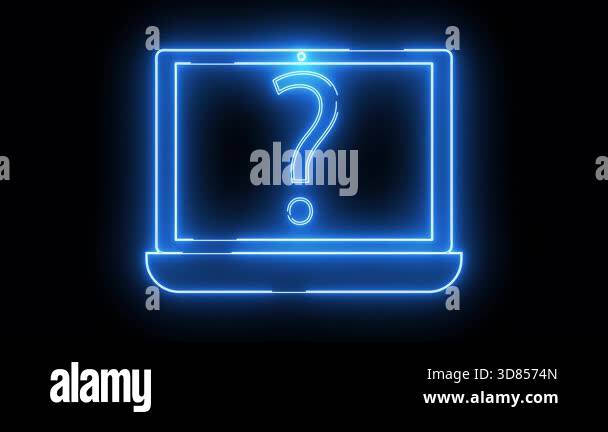 A glowing blue neon outline of a laptop with a question mark on the ...