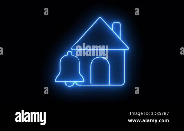 Blue neon house bell a glowing outline against black depicting a home ...