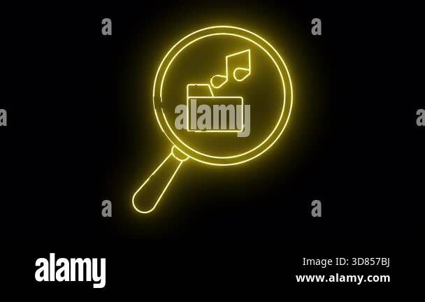 A glowing yellow line drawing of a magnifying glass focused on a file ...