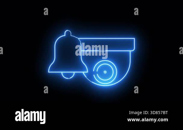 A neon blue outline of a bell combined with a CCTV security camera on a ...