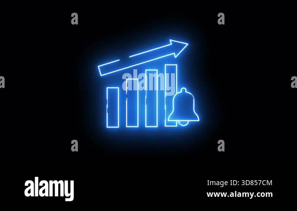 A neon blue icon with a graph upward arrow and notification bell on a ...