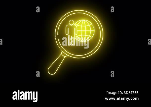 A yellow neon magnifying glass reveals a stick figure next to a globe ...