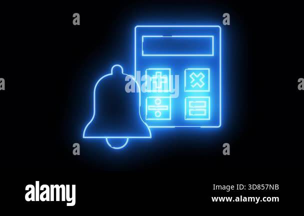 Neon calculator and bell outline with a stark black background creates ...
