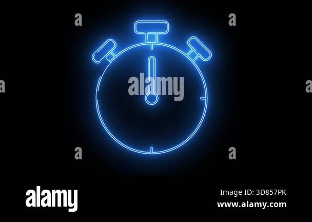 A glowing blue neon outline of a stopwatch centered against a black ...