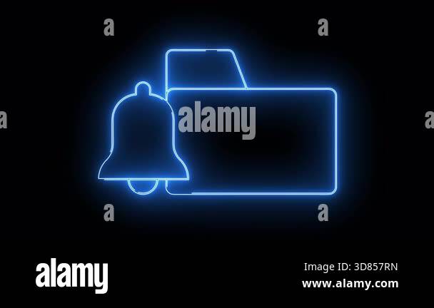 Neon blue folder icon with a notification bell on a black background ...