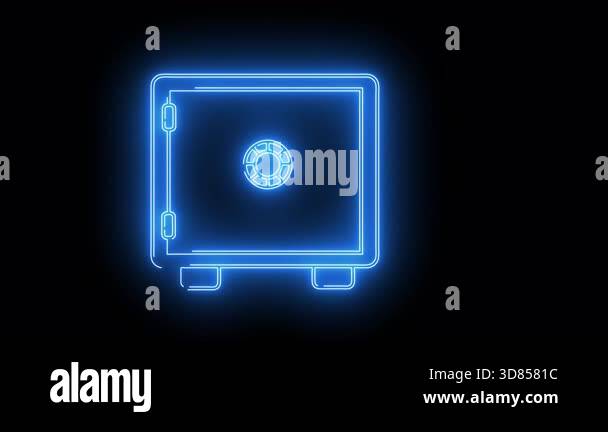 Neon safe box outline square door dial glow blue against black Stock ...