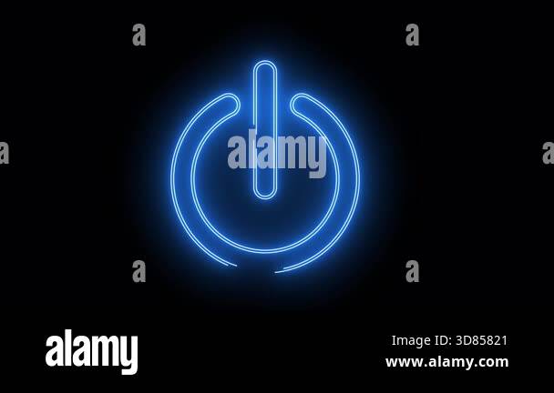 Glowing neon blue power symbol on black background featuring a circle ...