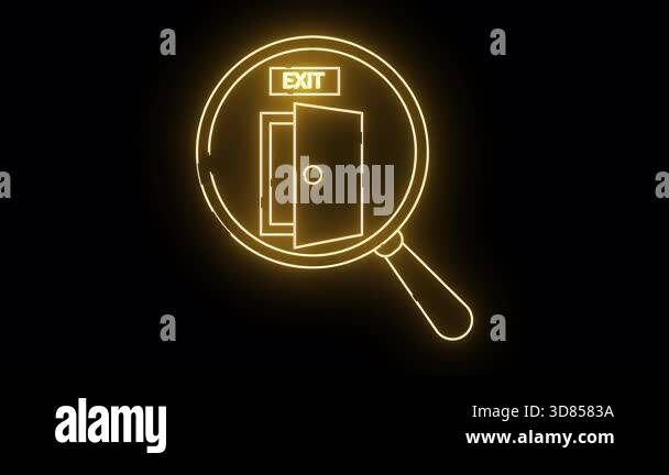 A golden neon magnifying glass highlights an open door with an exit ...