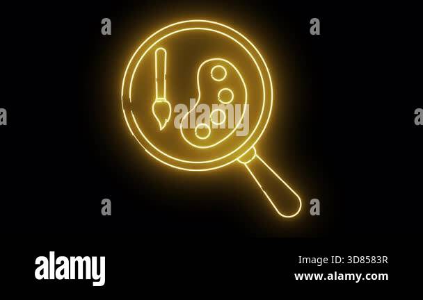 Neon art magnifying glass highlighting paintbrush and palette on a ...